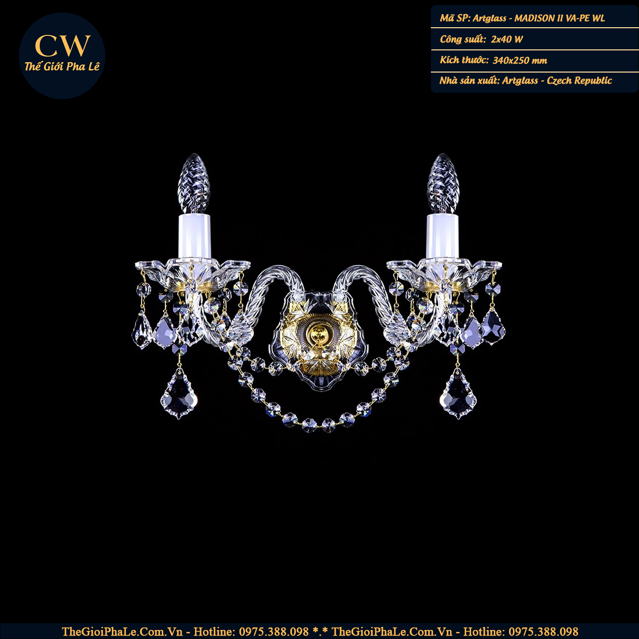Đèn Tường Pha Lê Tiệp Khắc Artglass MADISON II VA-PE WL - Thế Giới Pha Lê